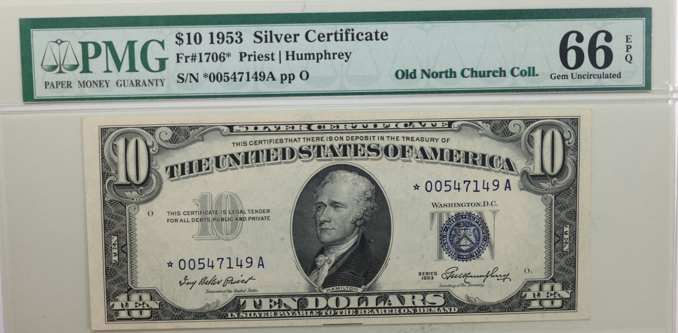 1953 $10 Star Note., Silver Certificate., PCGS Currency CU-66., PPQ.,