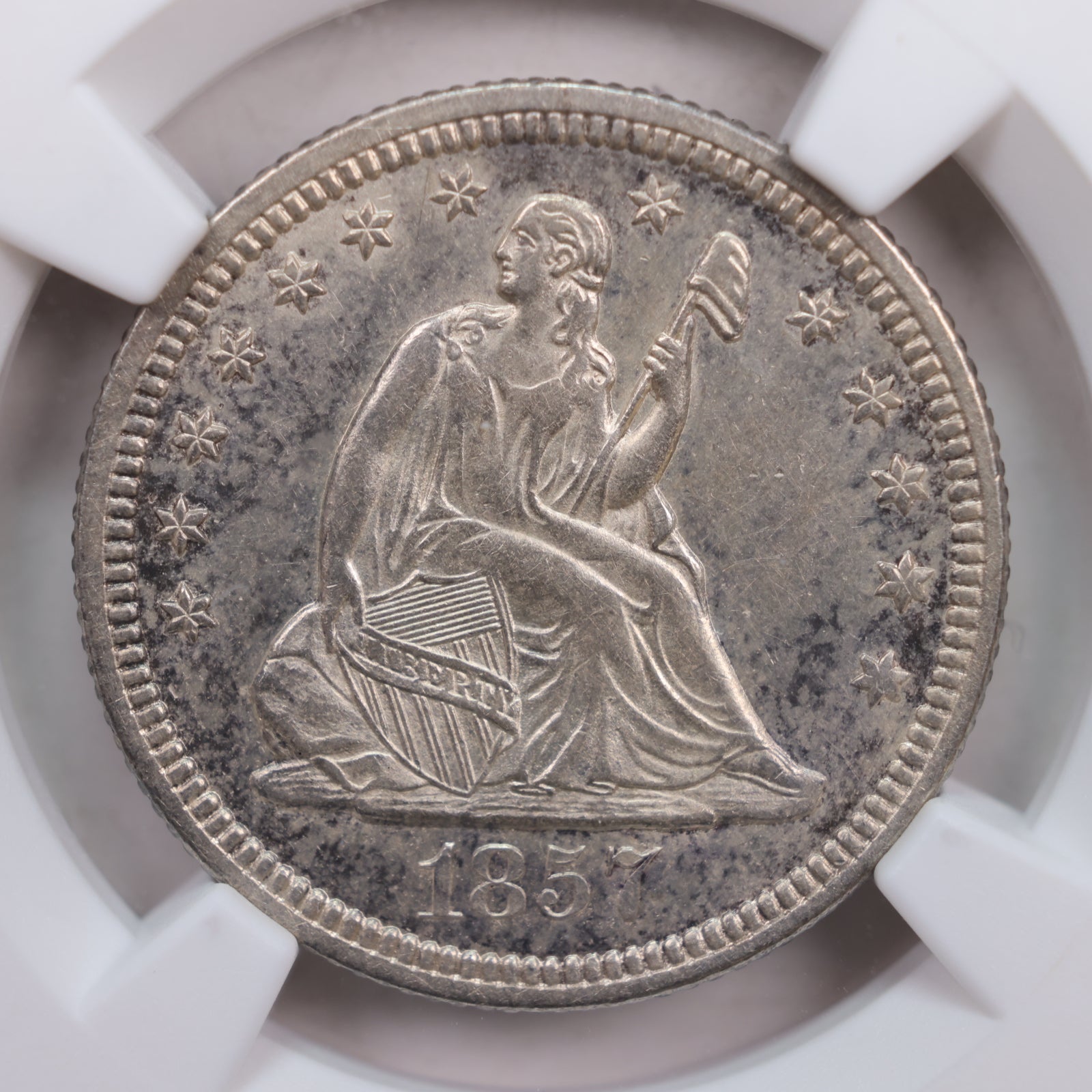 1857-O Seated Liberty Quarter., 'Scarce'., NGC AU-58 Coin., Store #GQR
