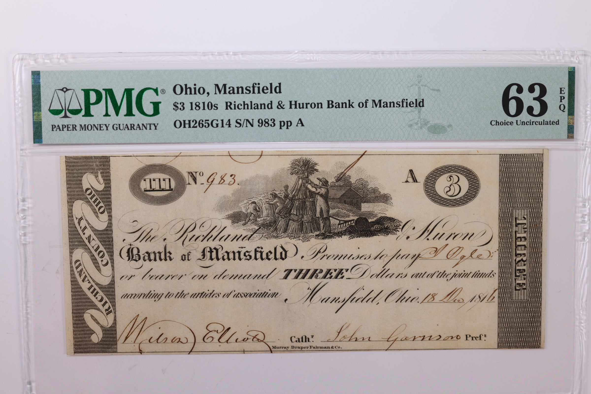1816 $3., Obsolete Currency., Mansfield, OH., PMG CU-63 EPQ., Store #G
