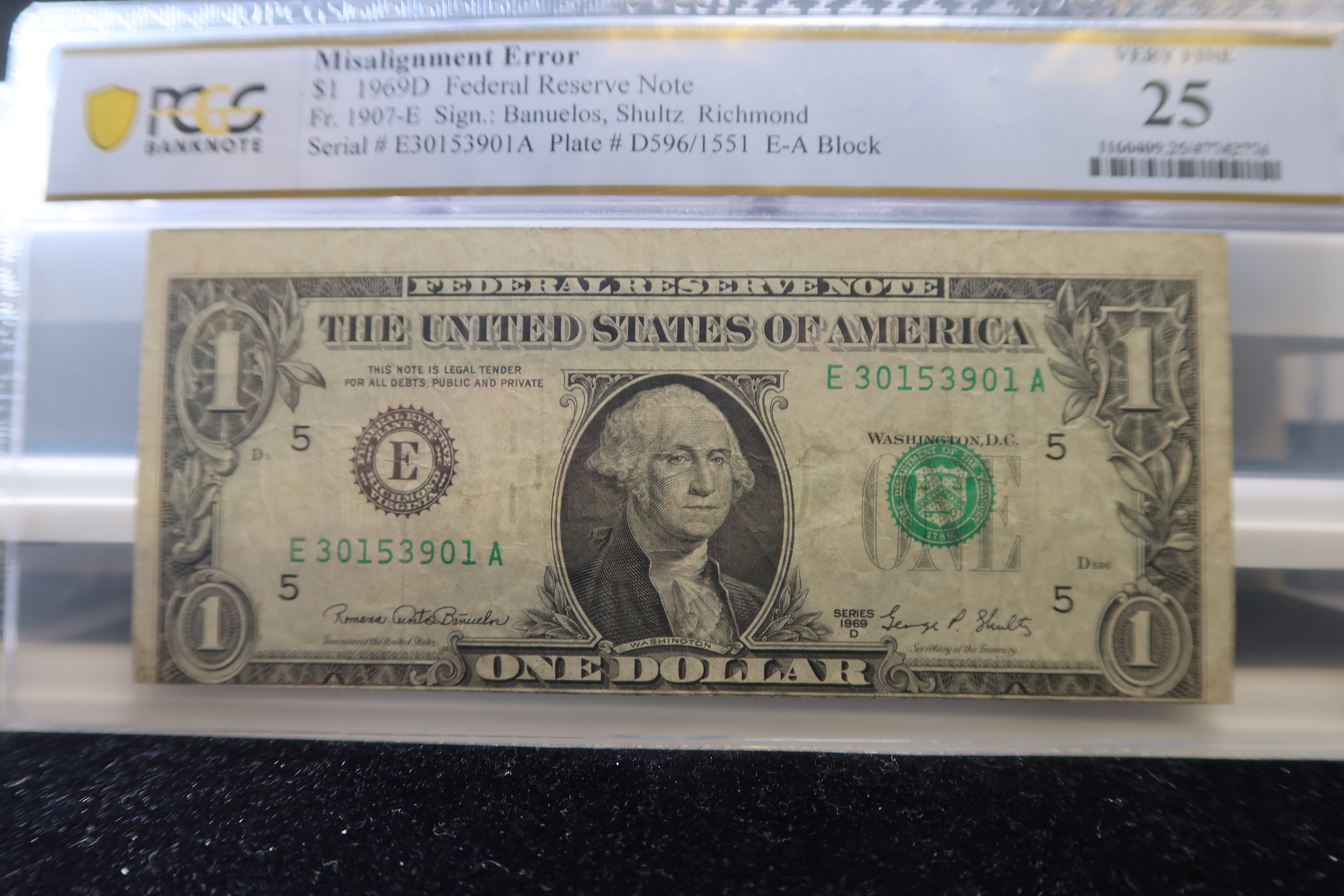 1969-D, $1 Federal Reserve Note, PCGS Graded, Error Note, Store #GFRB0