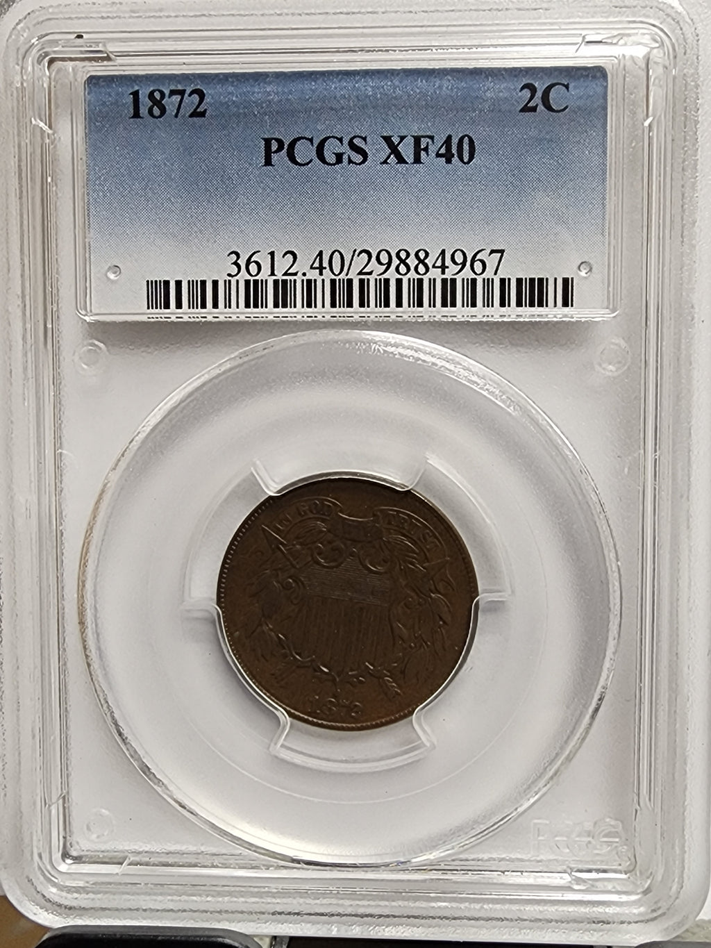1872 Two Cent Piece, PCGS XF40, Key Date, Store #CT0704