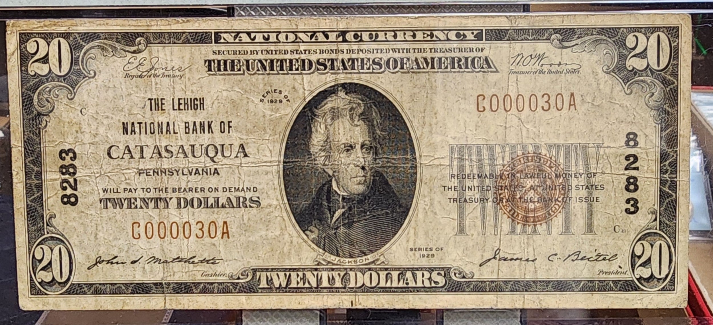 1929 $20 National, Catasauqua, PA, CH#8283, PMG F-15, Store #NBN023.